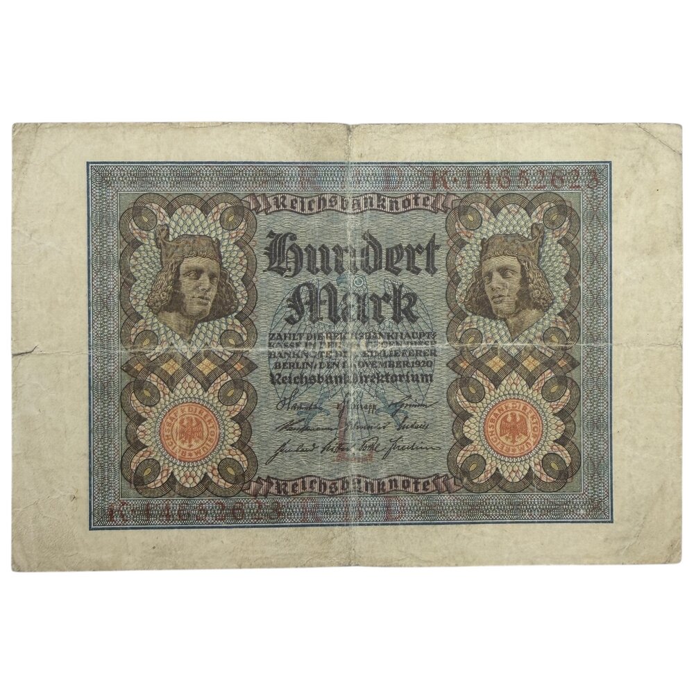 Веймарская республика (Германия) 100 марок 1920 г. (Литера L) (Серия K) (8-значный номер)