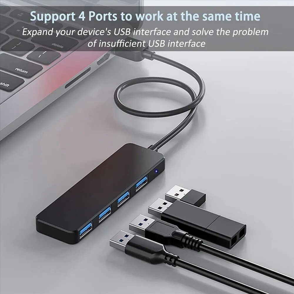 USB-концентратор на 4 порта USB 3.0, разветвитель для ноутбука, пластиковый корпус, черный