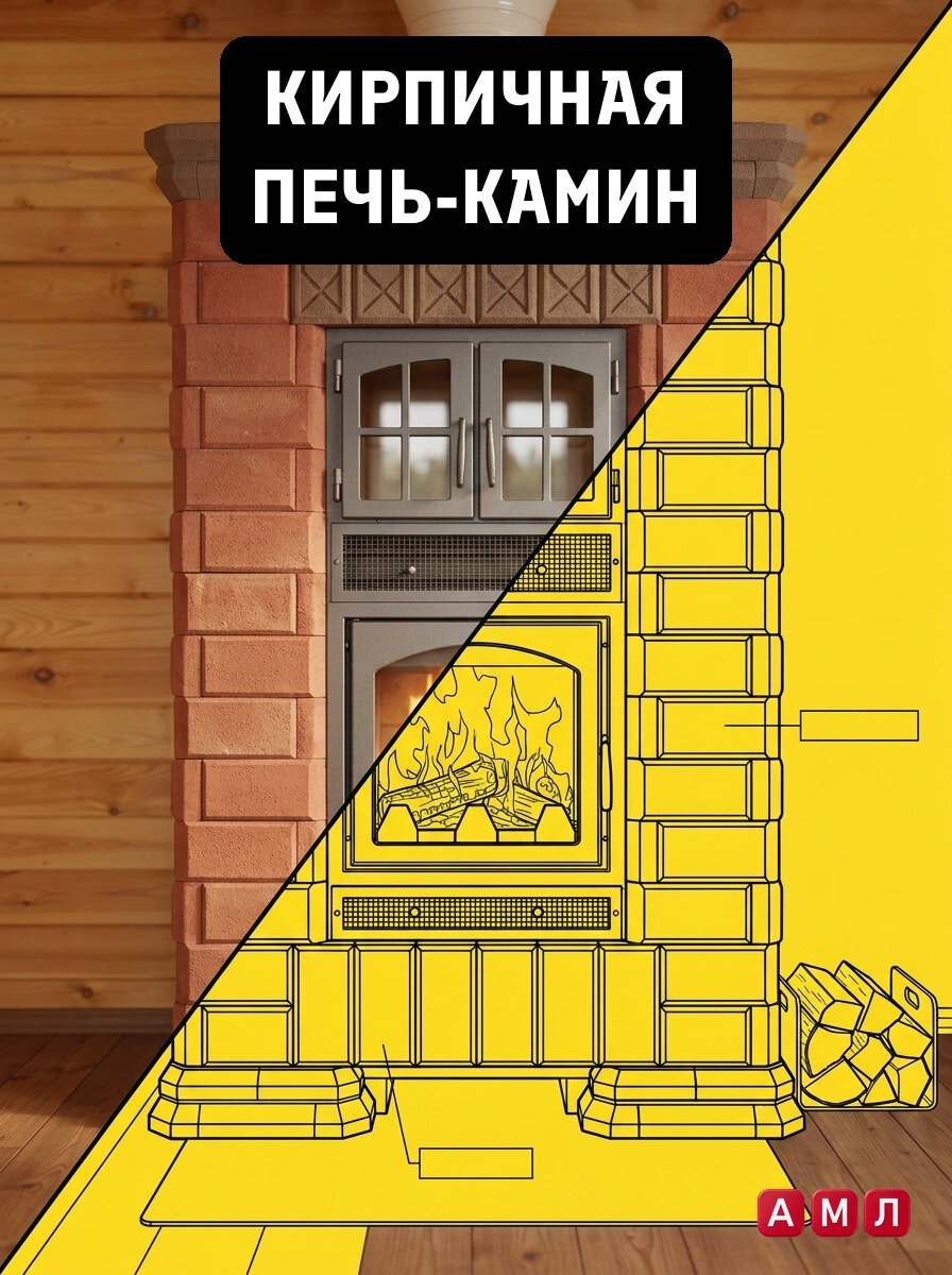 Проект чертеж Кирпичная печь-камин в облицовке из кирпича для дачи своими руками - порядовка, схема кладки, пошаговая и поэтапная схема сборки скачать и распечатать чертежи с размерами
