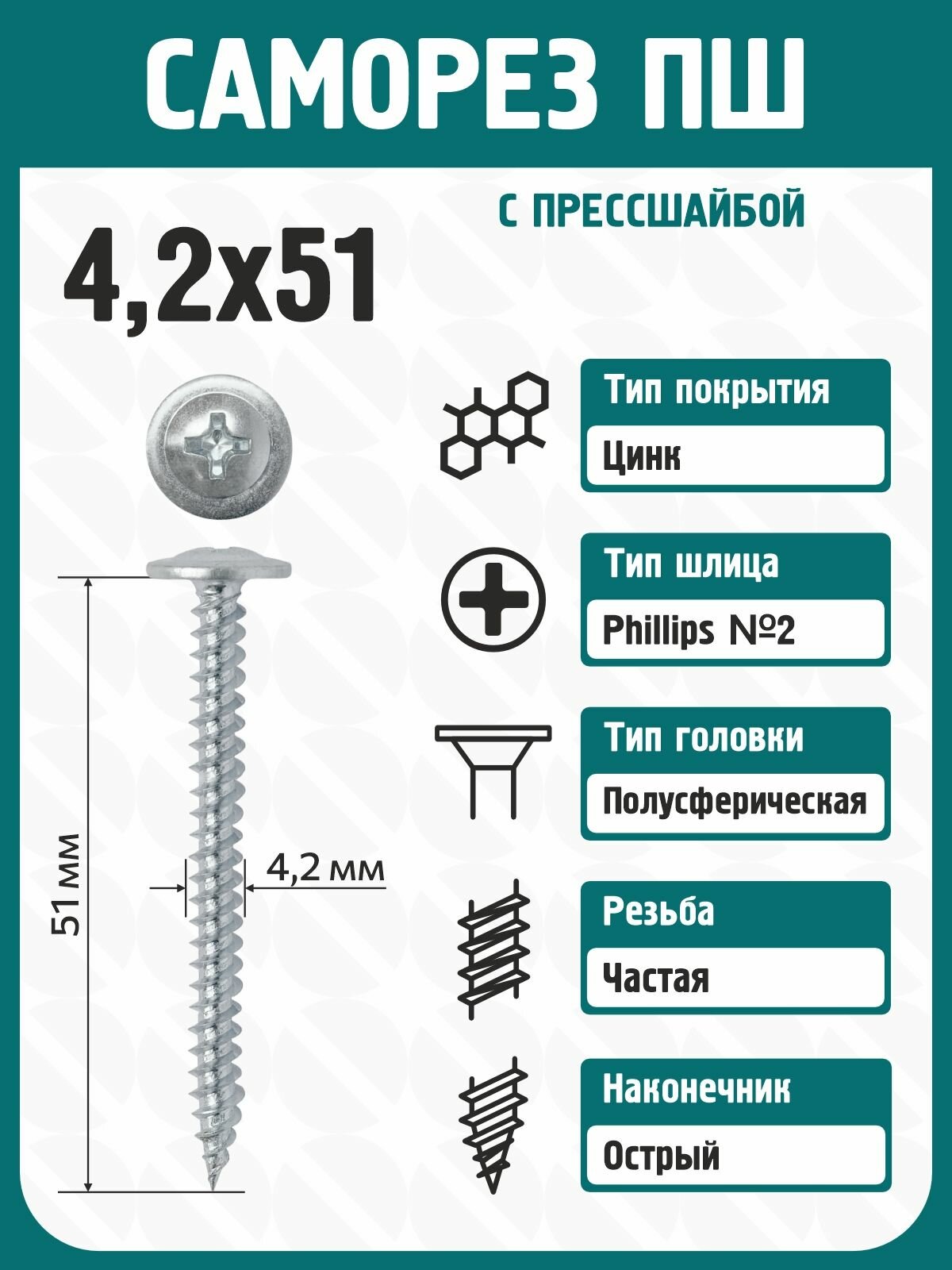 Саморезы по металлу 4,2х51 (100 шт ) с прессшайбой острые цинк для металла оцинкованные