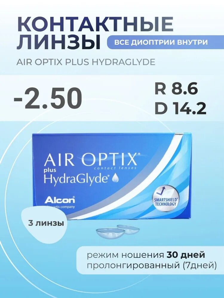 Контактные линзы плановой замены Air Optix plus HydraGlyde, 3 шт. R: 8.6, D: -2.50