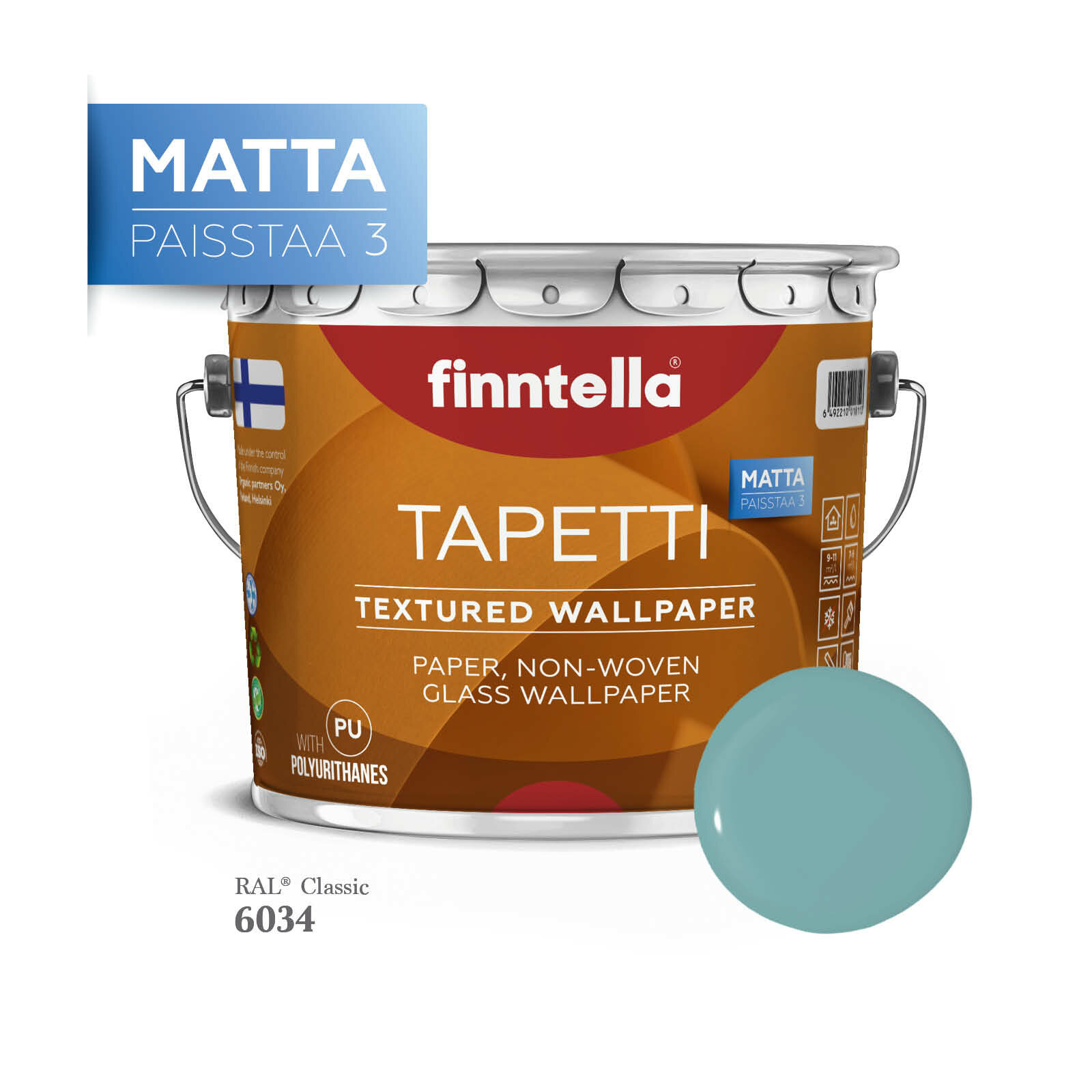 Матовая краска для обоев под окраску TAPETTI Matta FINNTELLA, Цвет RAL 6034 Пастельно-бирюзовый (Pastel turquoise), 2,7л