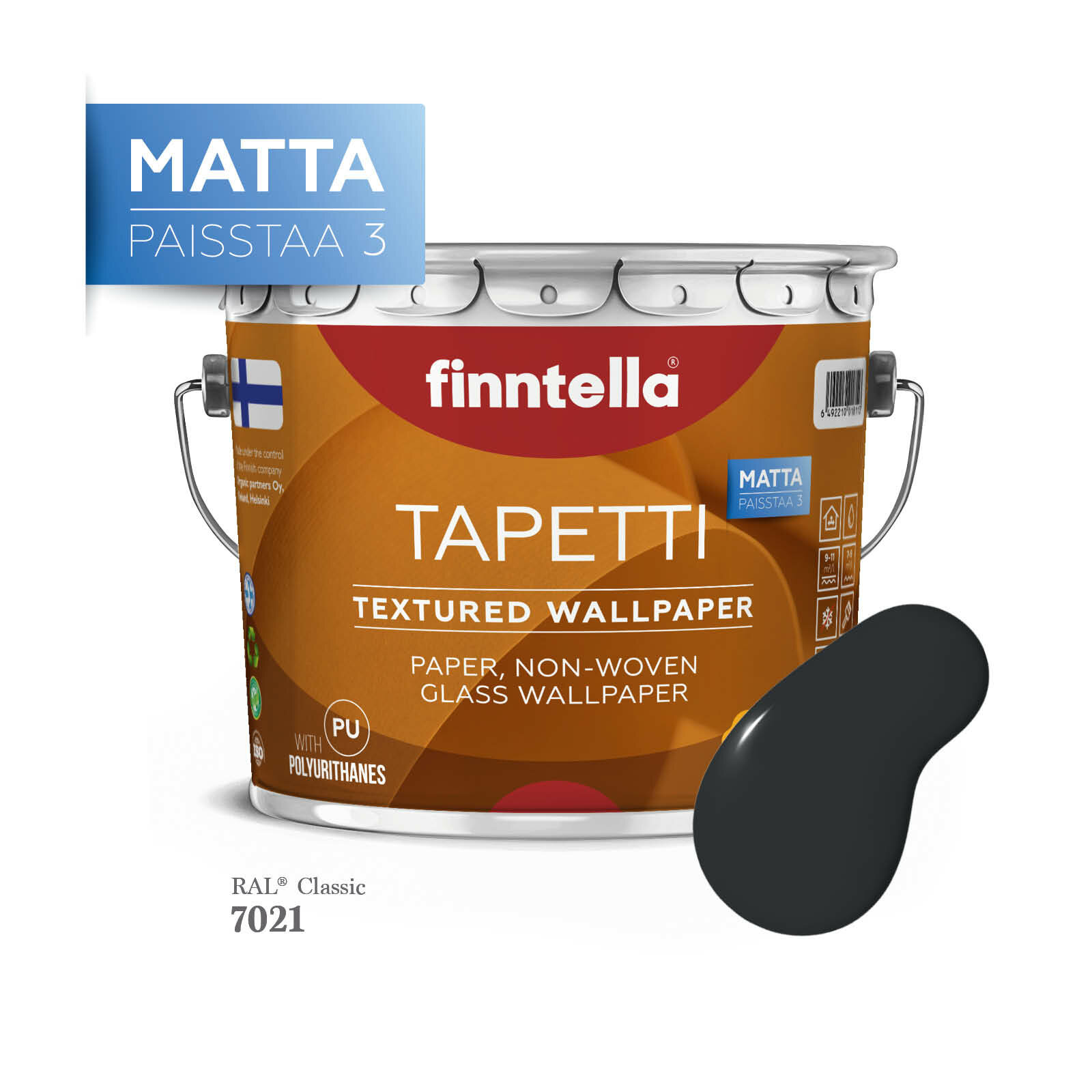 Матовая краска для обоев под окраску TAPETTI Matta FINNTELLA, Цвет RAL 7021 Черно-серый (Black grey), 2,7л