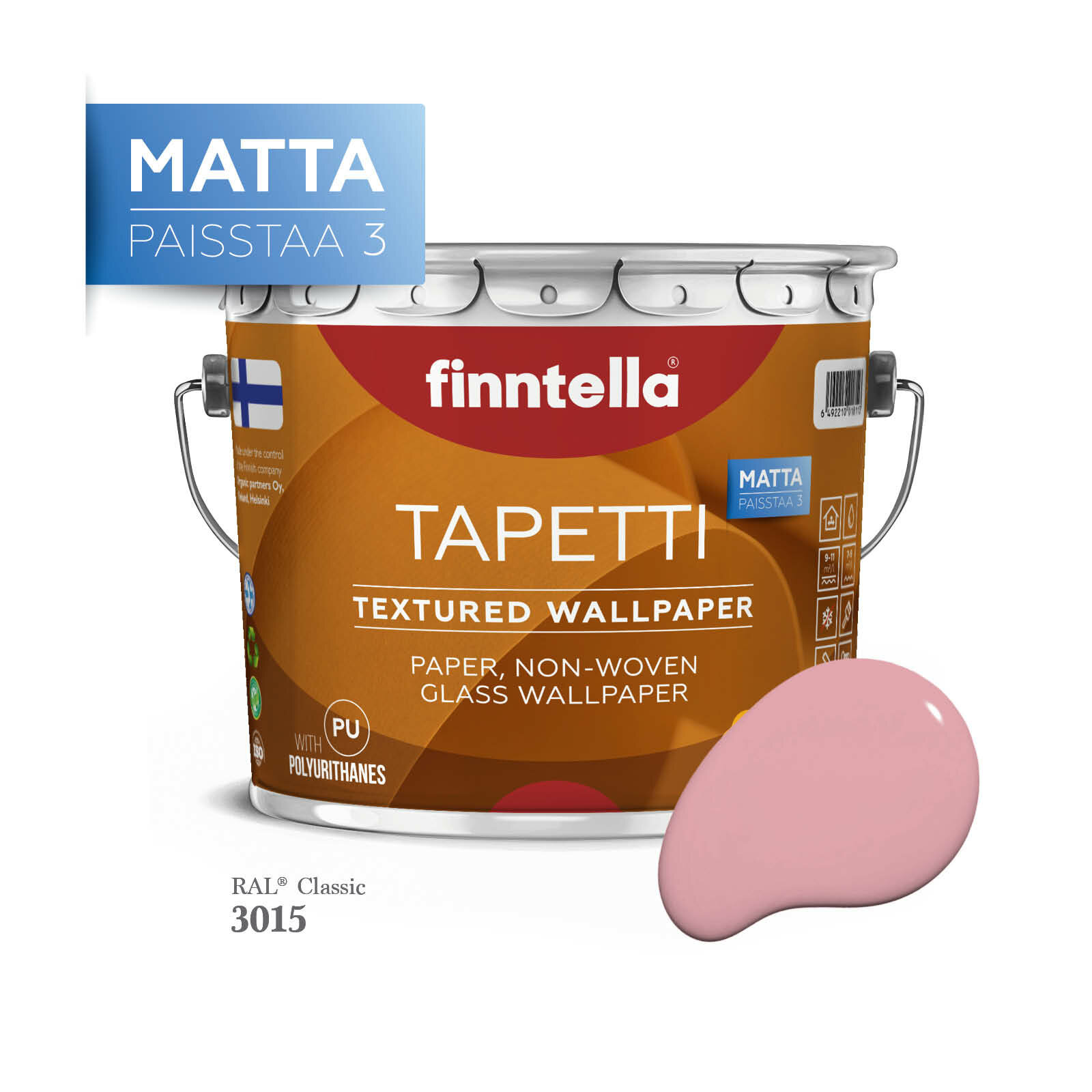 Матовая краска для обоев под окраску TAPETTI Matta FINNTELLA, Цвет RAL 3015 Светло-розовый (Light pink), 2,7л