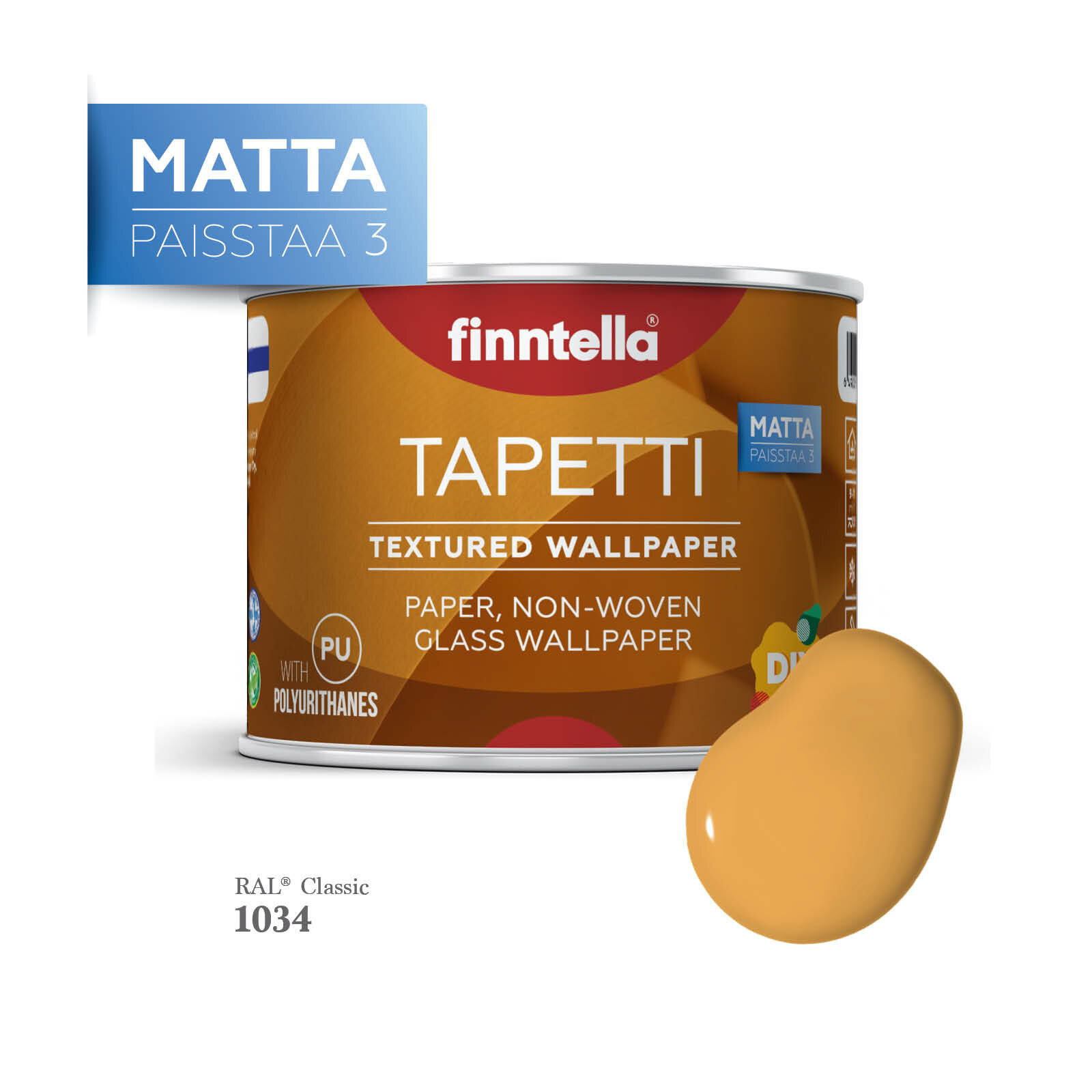 Матовая краска для обоев под окраску TAPETTI Matta FINNTELLA, Цвет RAL 1034 Пастельно-желтый (Pastel yellow), 0,45л