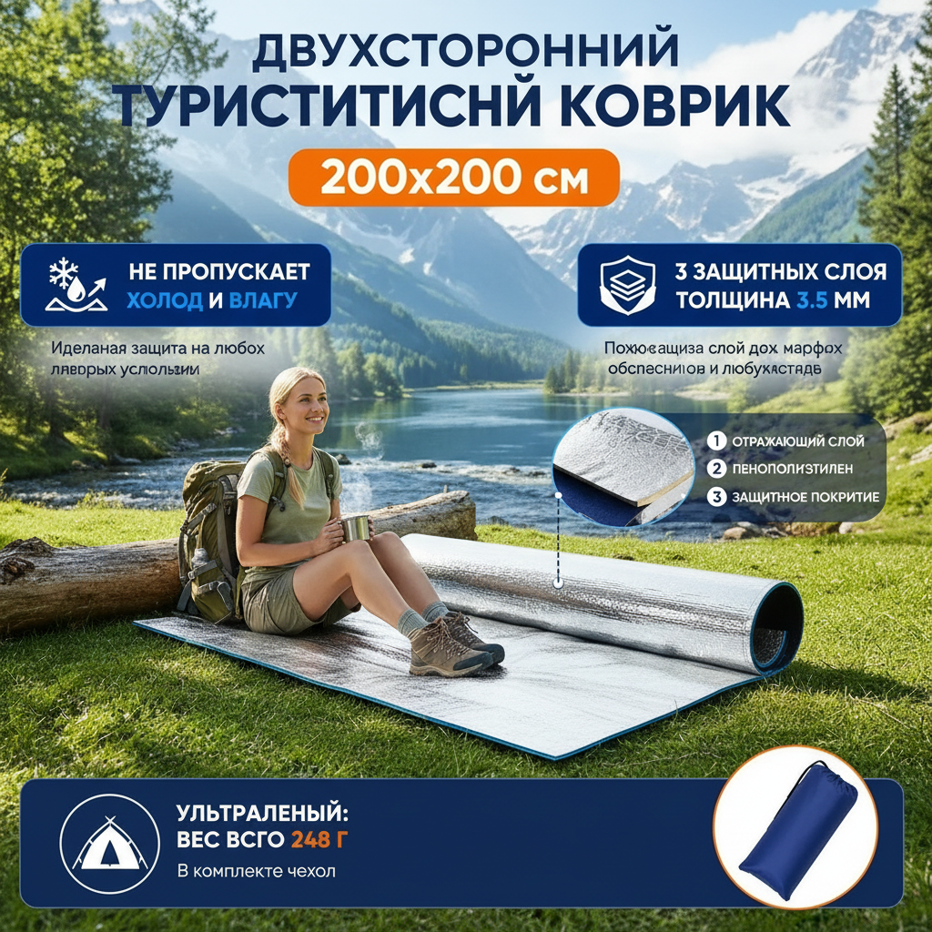 Туристический коврик, двухсторонний фольгированный-термоковрик водонепроницаемый 200х200 см, для палатки/кемпинга и пикника на природе.
