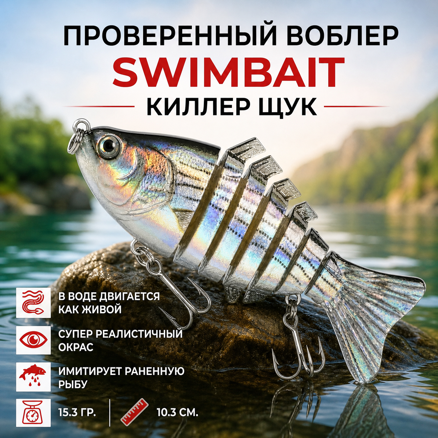 Рыболовный киллер воблер Swimbait, имитирующий раненую рыбу, тонущий свимбейт для щуки, окуня и судака (Цвет: серебристый, Вес: 15,3г, Длина: 10,3см)