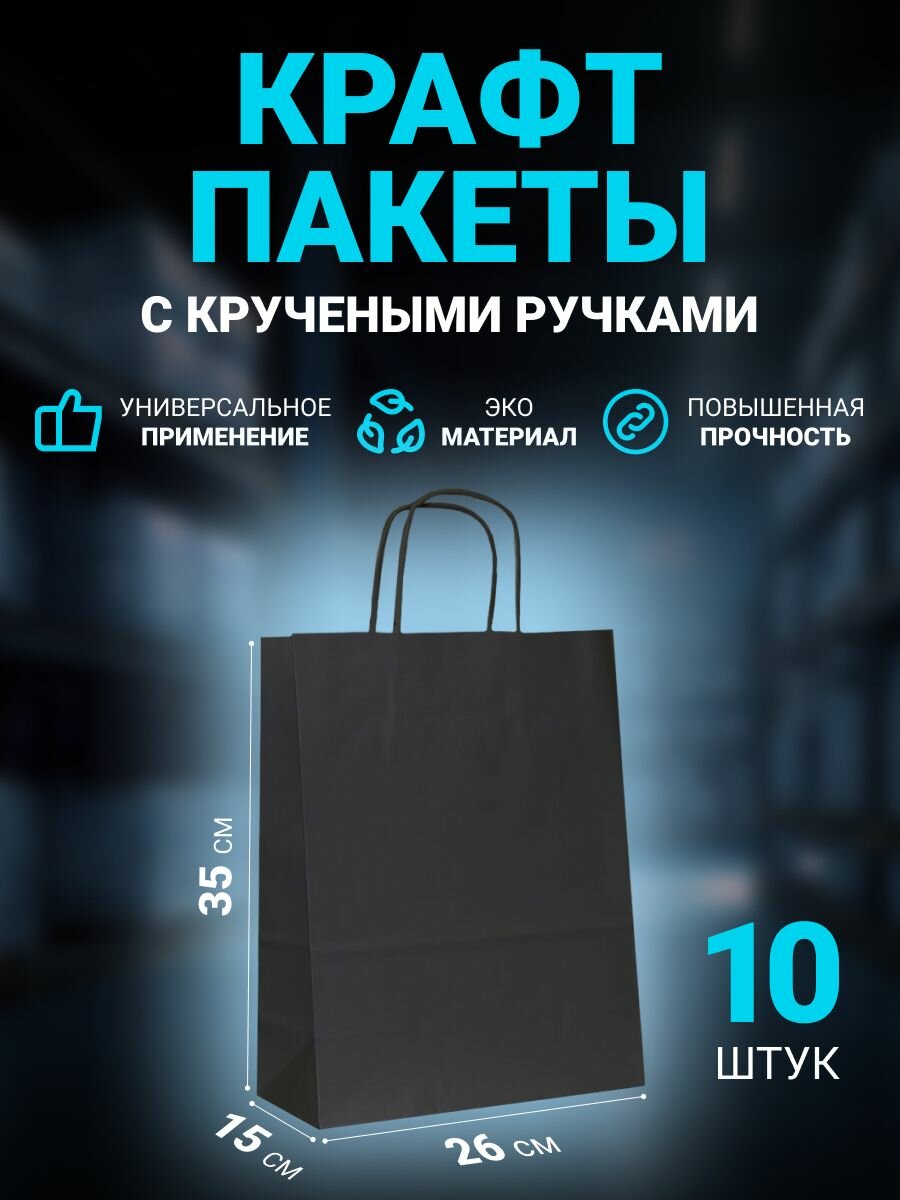 Крафт пакет черный бумажный подарочный с кручеными ручками 26х15х35 см, 10 шт, пищевой ЭКО пакет.