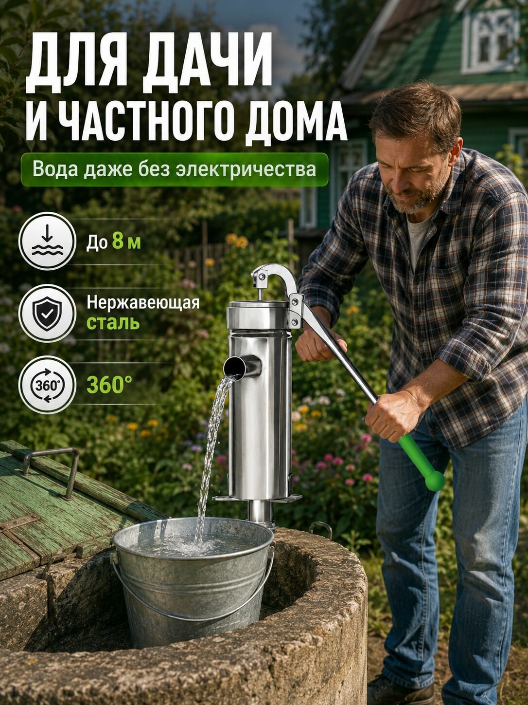 Насос ручной, нержавеющая сталь, поверхностный, глубина всасывания 8 м — фото 1