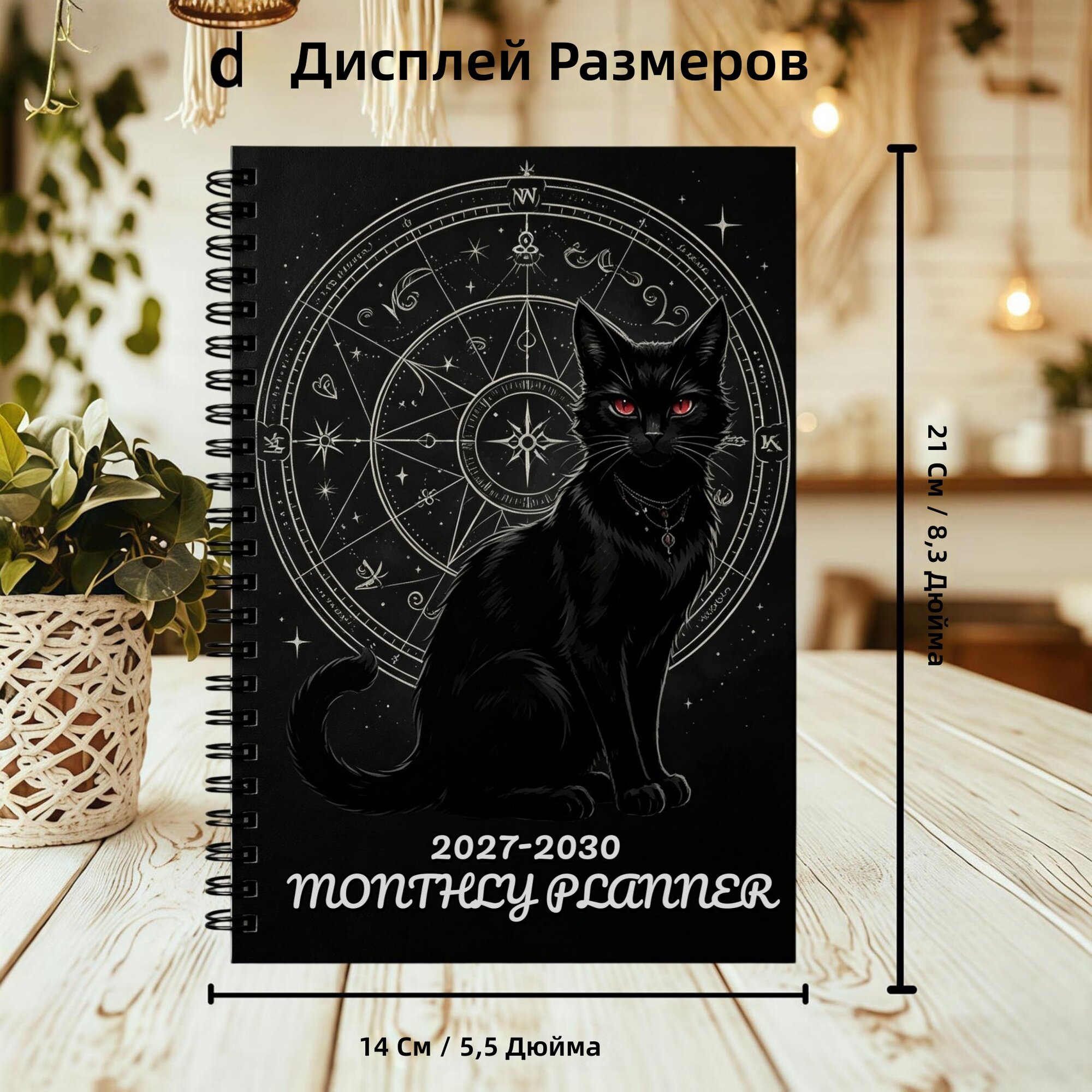 Ежемесячный планер на 2027-2030 гг, формат A5, 124 листа премиум-бумаги, градиентные страницы, спиральный переплет, с мистической черной кошкой с красными глазами и астрологическим колесом