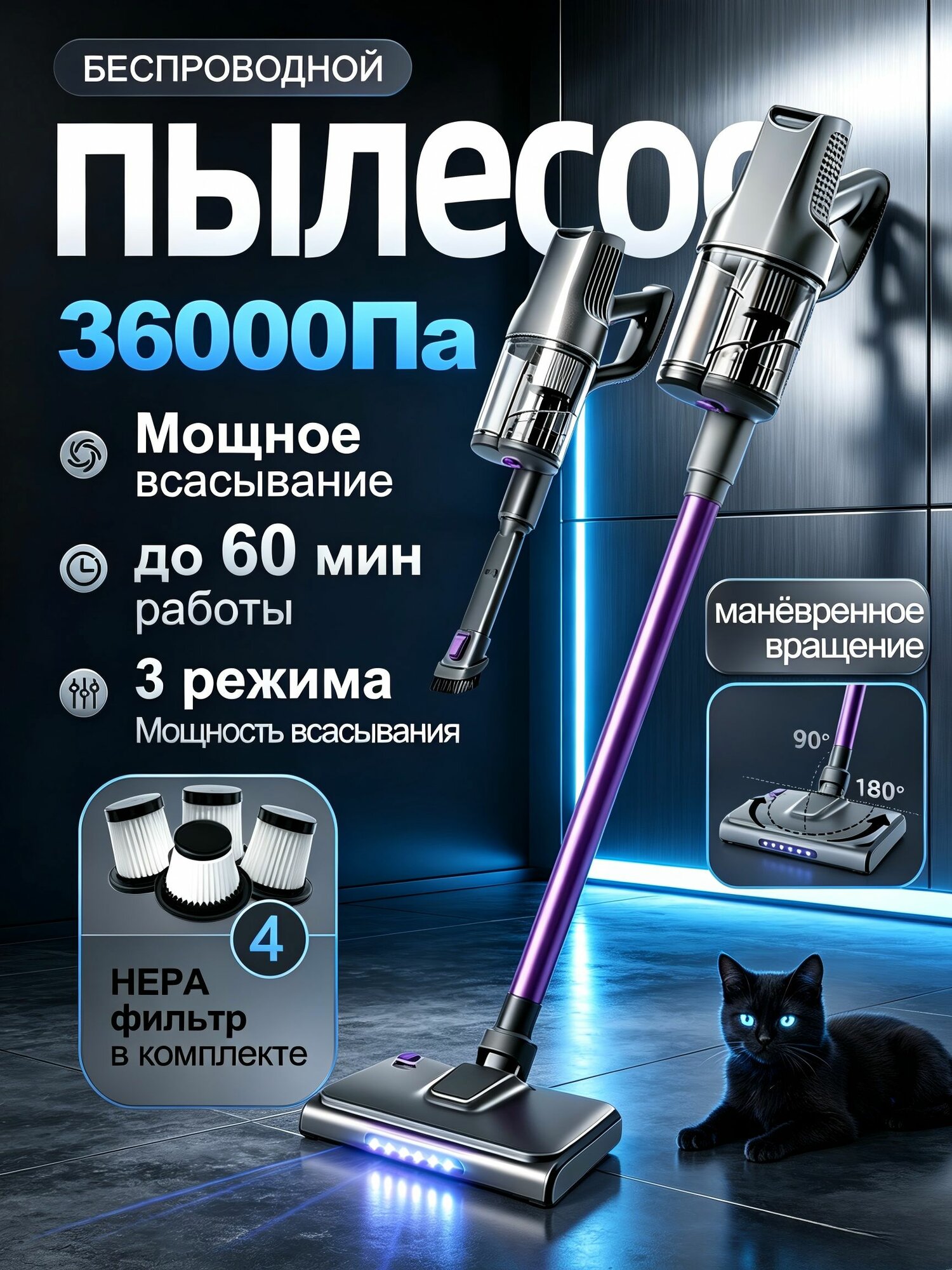 Пылесос вертикальный беспроводной аккумуляторный для дома, мебели, авто, с LED-подсветкой