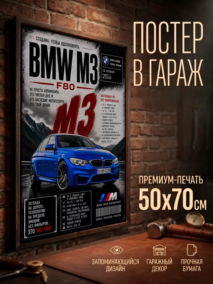 Постер на стену большой 50*70 без рамки авто БМВ M3