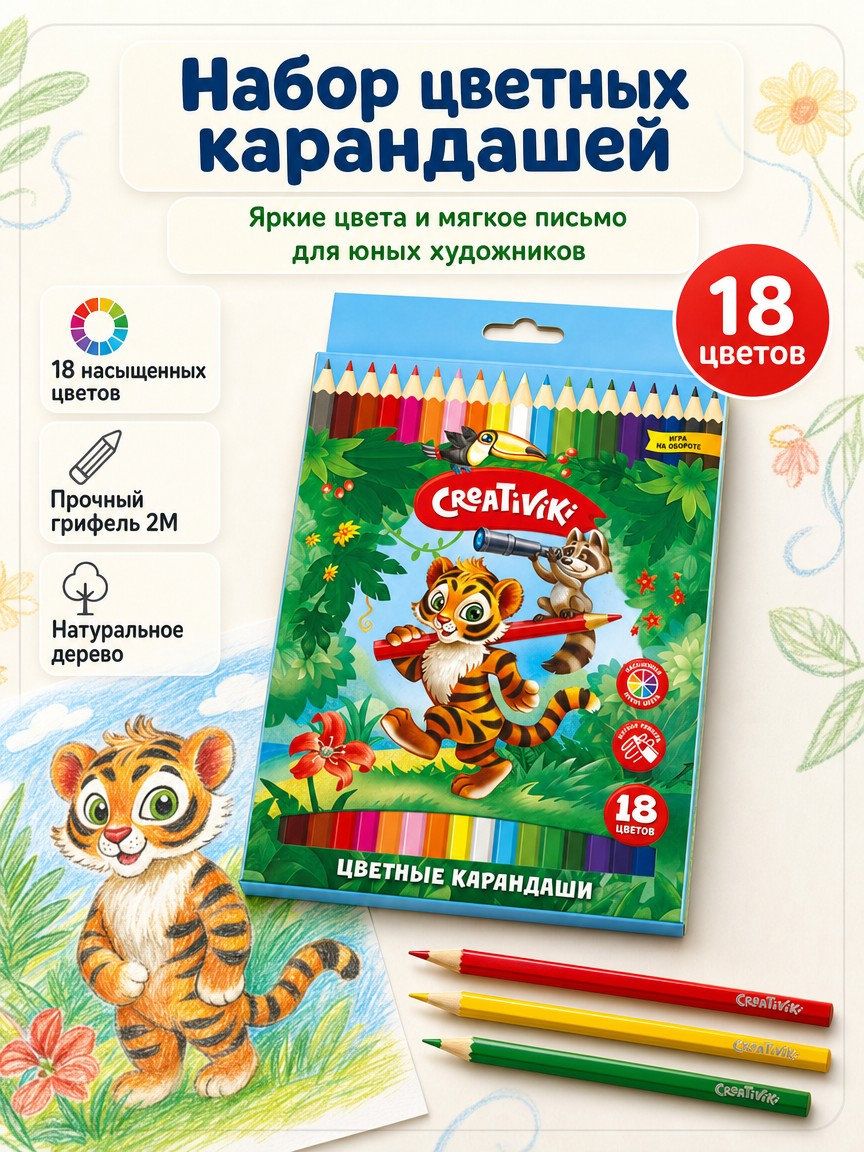 Набор цветных карандашей Creativiki, 2B мягкие, 18 шт