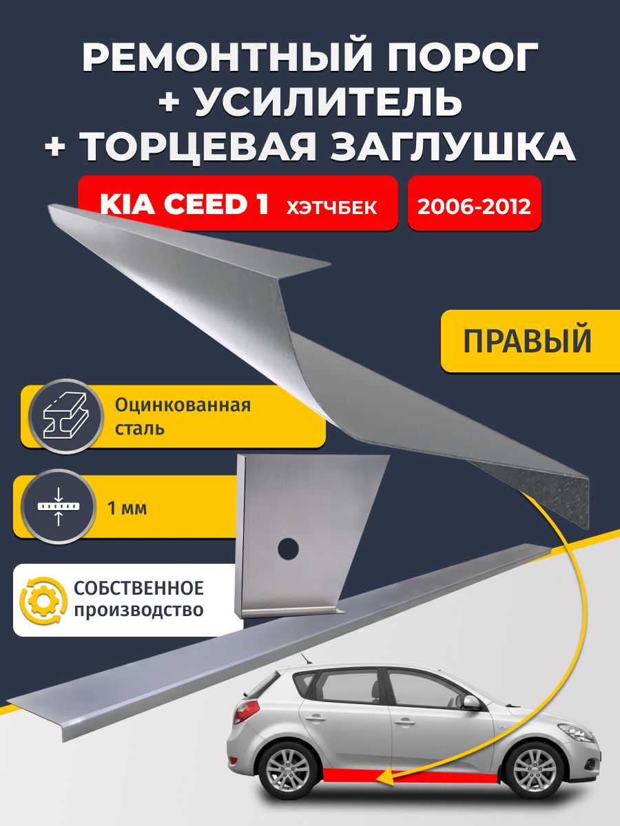 Правый стандартный ремонтный порог + усилитель + торцевая заглушка на Kia Ceed 1 2006-2012 хэтчбек 5 дв. (Киа Сид 1), оцинкованная сталь 1 мм.