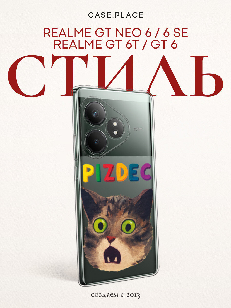 Чехол на Realme GT 6/GT 6T/GT Neo 6/6 SE / Реалми GT 6/GT 6T/Реалми GT Neo 6/GT 6 SE с принтом Испуганный котик с надписью, прозрачный
