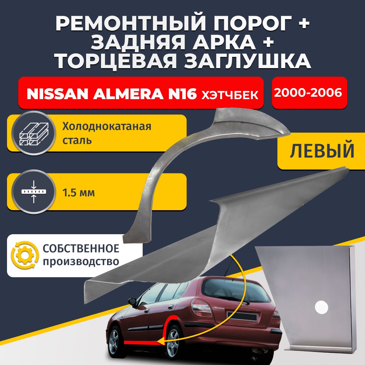 Левая задняя ремонтная арка (0,8 мм) и левый стандартный ремонтный порог (1,5 мм) + торцевая заглушка (1,5 мм) на Nissan Almera N16 2000-2006 хэтчбек 5 дв (Ниссан Альмера Н16). Холоднокатаная сталь