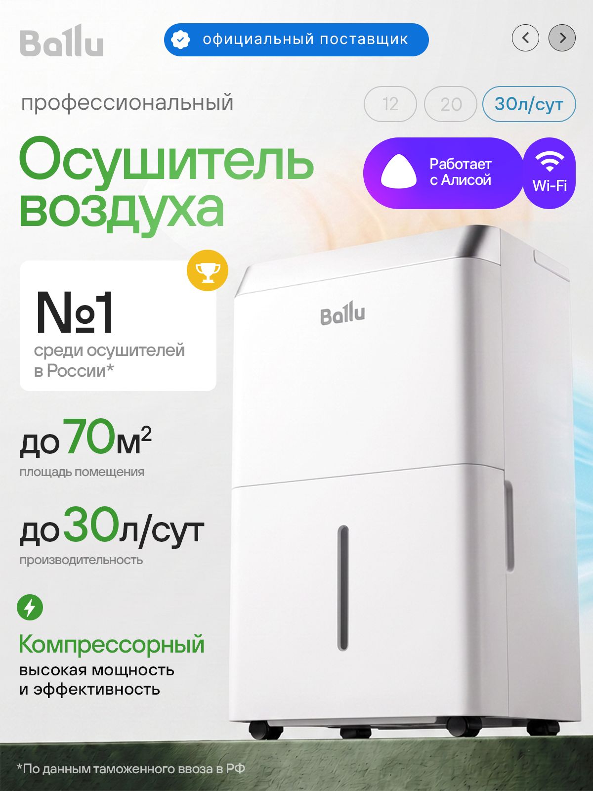 Осушитель воздуха Ballu BD30T CL до 70м. кв, до 30 л. сут для квартиры дома подвала ванной гаража бассейна погреба