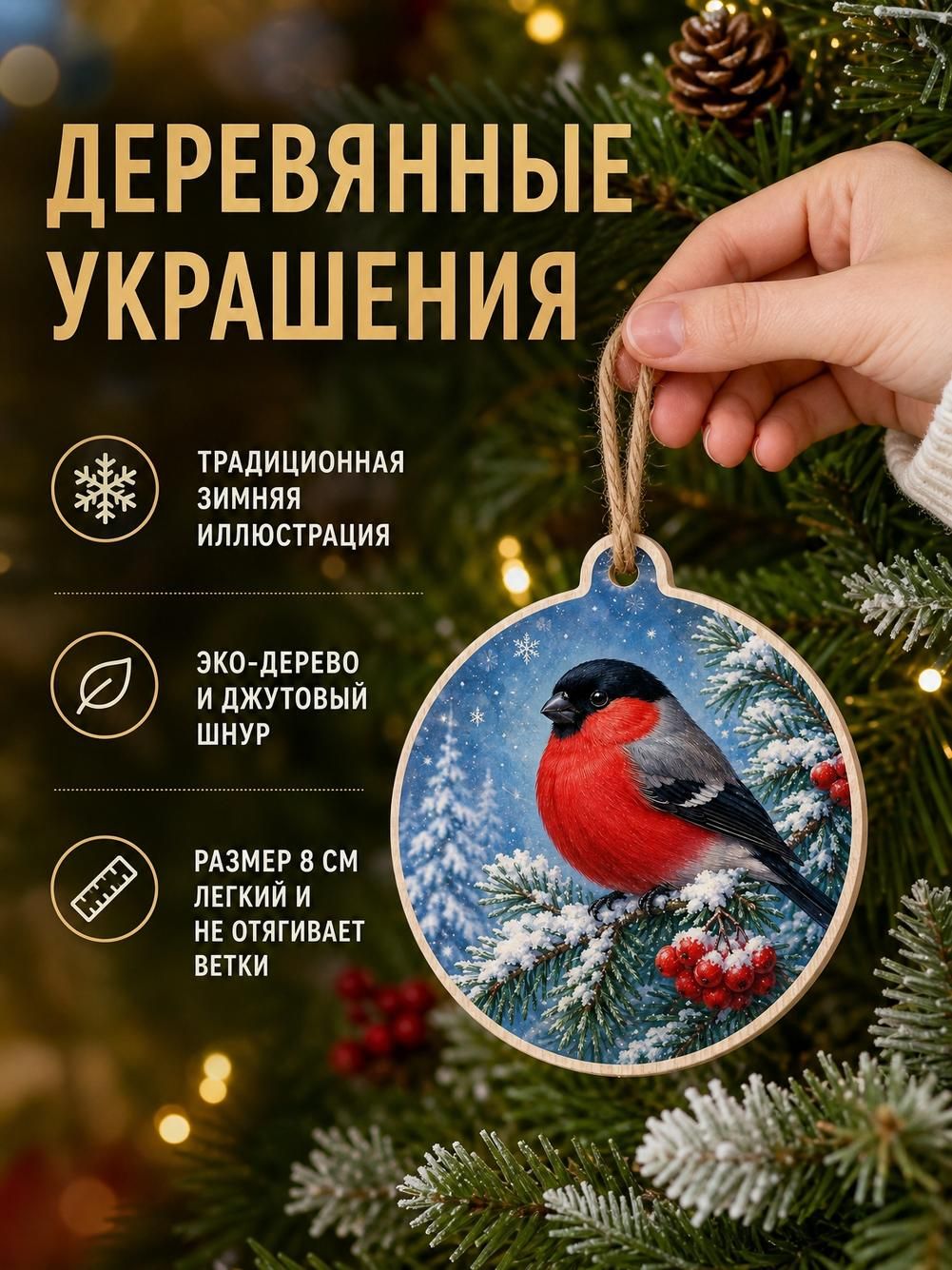 Елочное украшение "Снегирь", деревянное, 10 см