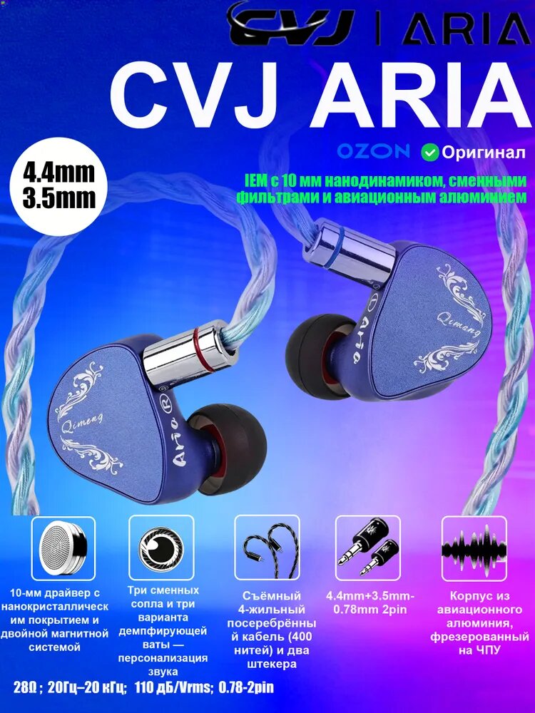 CVJ Наушники проводные CVJ ARIA, 3.5 мм, 4.4 мм, синий