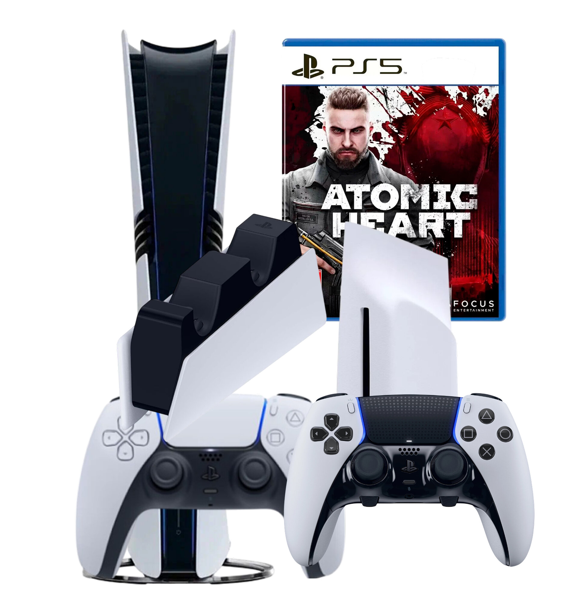 Игровая приставка PS5 Pro + 2й геймпад Edge White белый + игра Atomic Heart + станция зарядки + дисковод