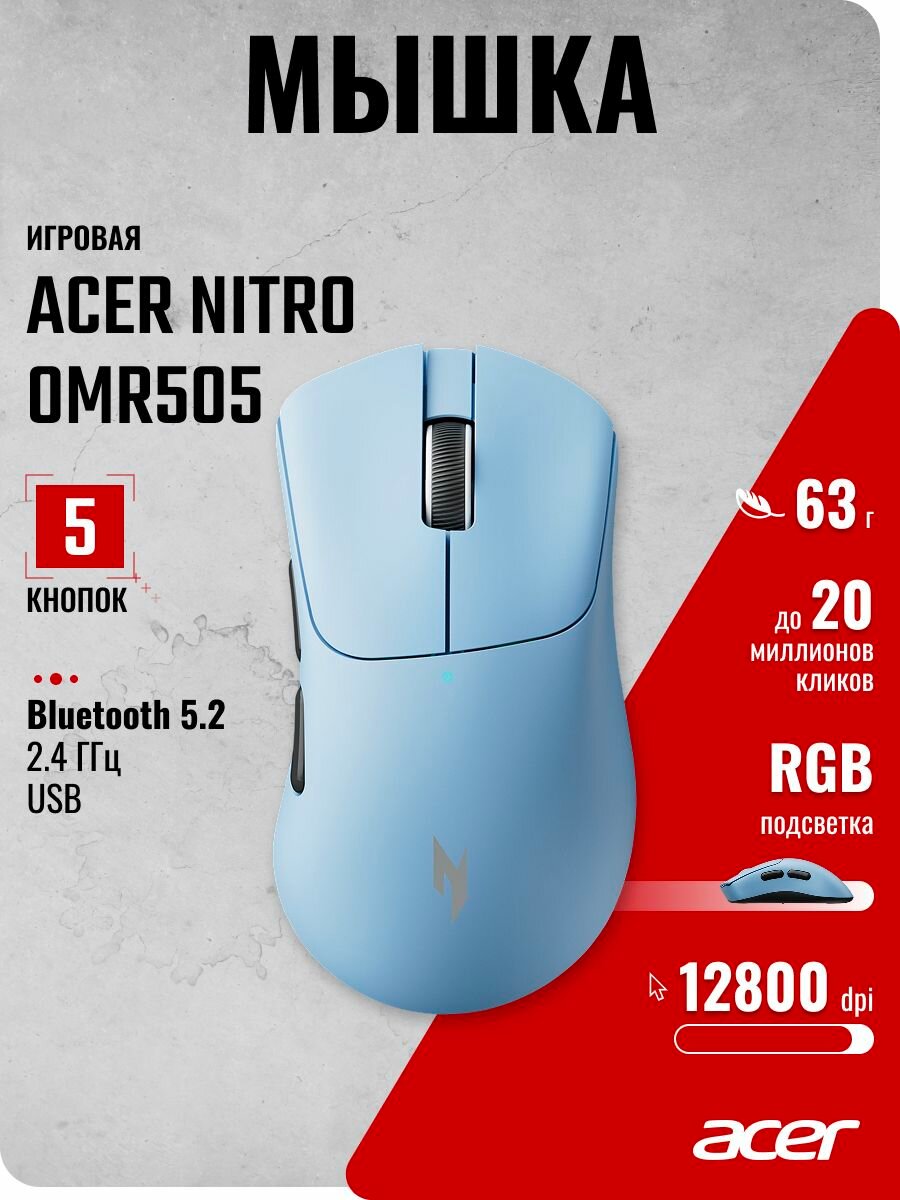 Мышь Acer Nitro OMR505 lt.blue optical 12800dpi BT/Radio USB for gamer 5but (ZL. MCE11.01F)