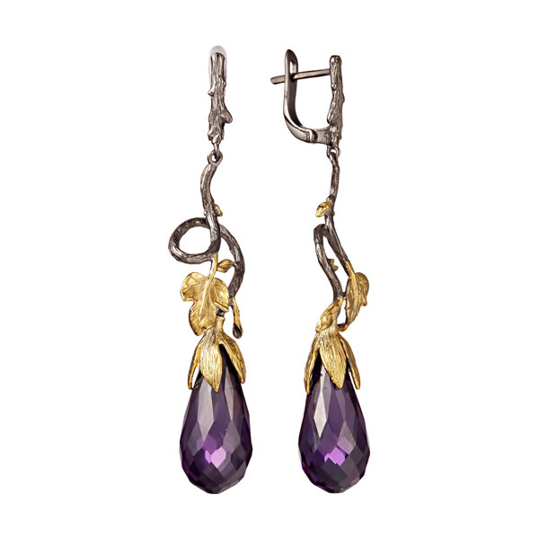 Серьги, серебро, 925 проба, золочение, аметист синтетический