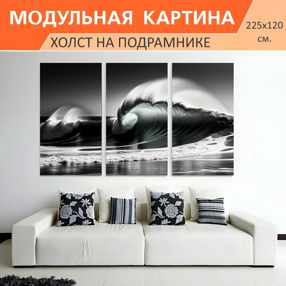 Модульная картина на холсте "Морской пейзаж с волной чернобелый" триптих на подрамнике 225х120 см. для интерьера