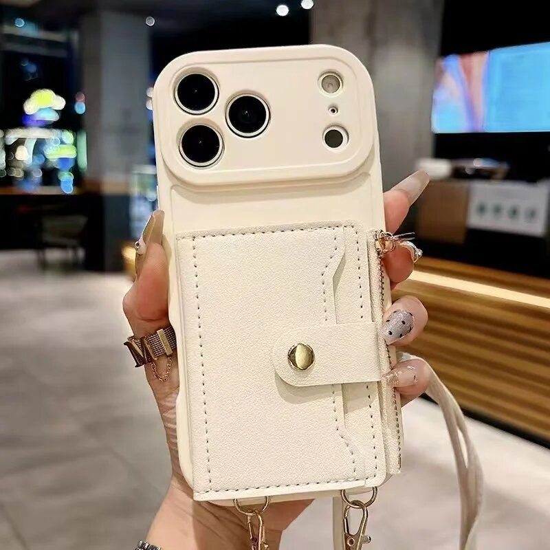 Белый чехол-кошелек для iPhone 14 с ремешком