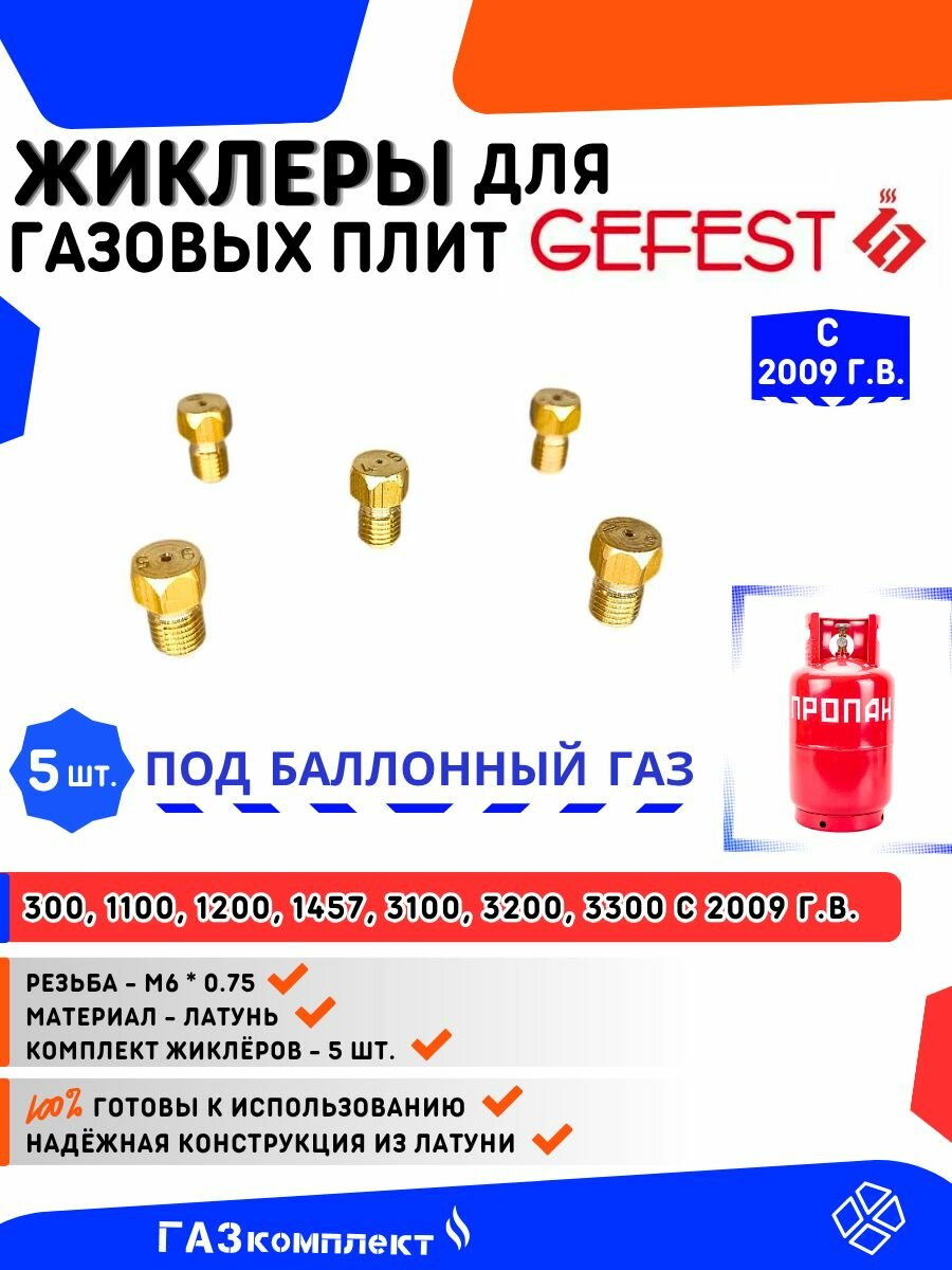 Жиклёры для газовых плит GEFEST/Брест с 2009 года выпуска резьба М6 * 0.75 - комплект 5 шт. под баллонный газ