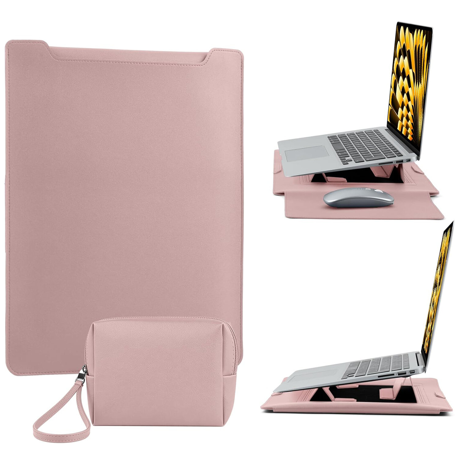 Чехол для ноутбука Portable Laptop Sleeve Case 13-14', с подставкой и сумкой для зарядного кабеля, светло-розовый