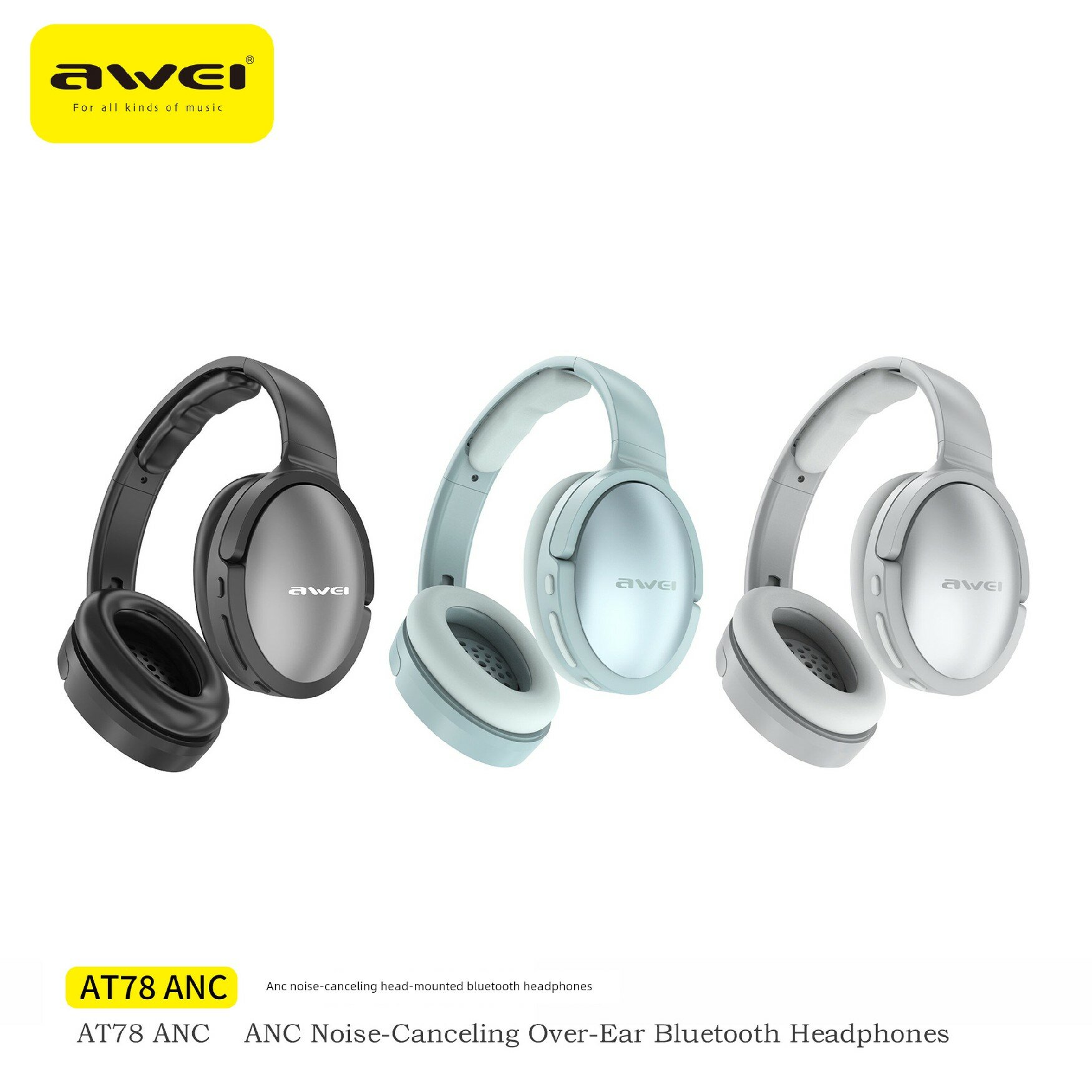 AWEI ANC шумоподавляющие накладные Bluetooth-наушники AT78 с объемным звуком и мощным басом