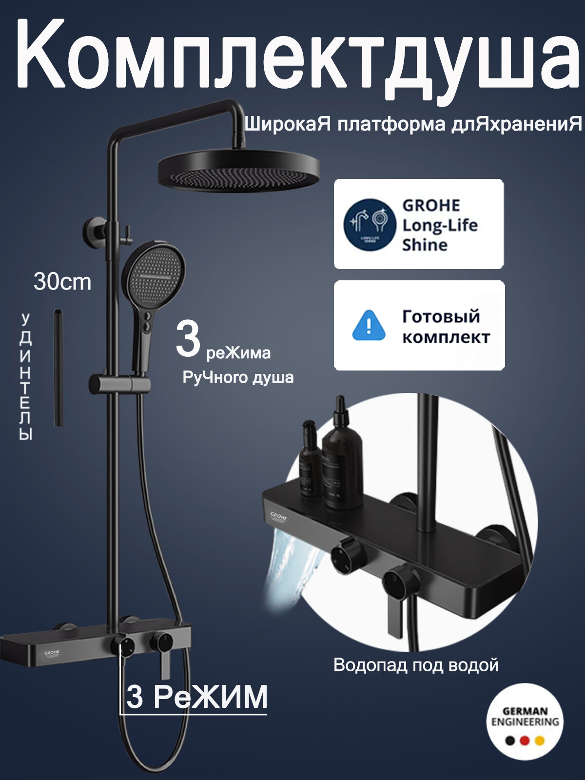 Grohe ручной и дождевой душ: комфортный душ для всей семьи 3 режима, черный, глянцевый