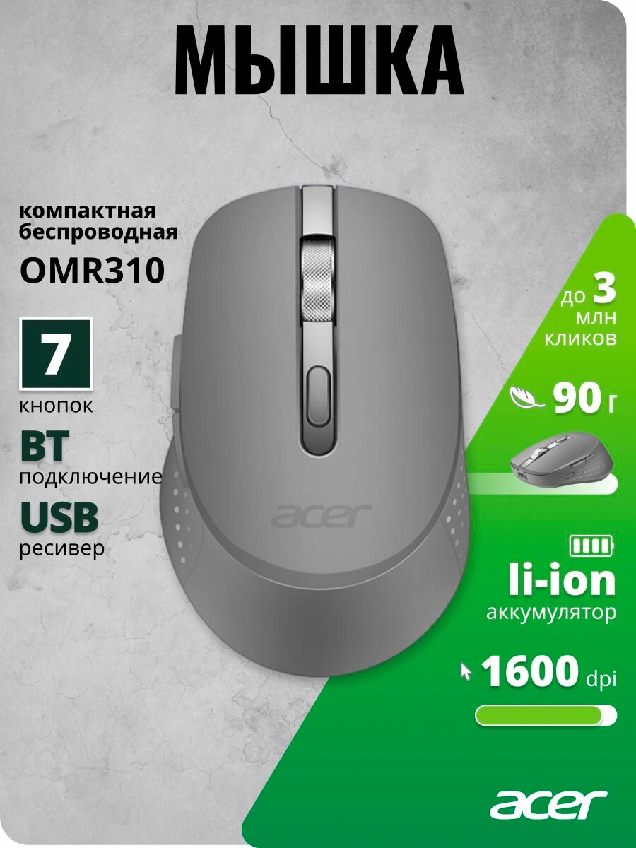 Мышь беспроводная Acer OMR310 темно-серый цвет, 1600dpi BT/Radio USB 7but (ZL. MCECC.032)
