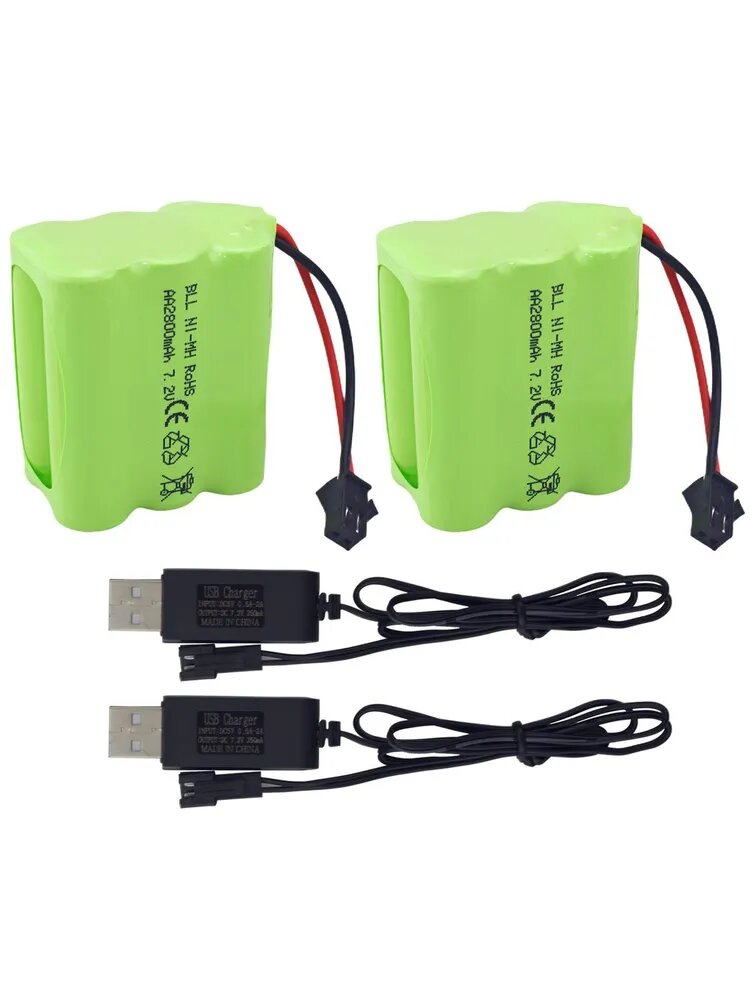 2 никель - водородных аккумуляторов AA 7.2V 2800 мАч SM - 2P и 2 USB зарядная линия для дистанционно управляемых игрушечных автомобилей