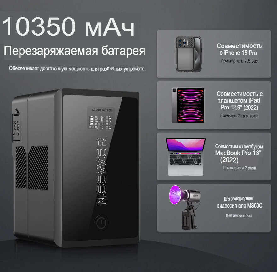 NEEWER PS150E 10350 мАч, 150 Wh, Внешний аккумулятор 14.54В, PD100W, Черный