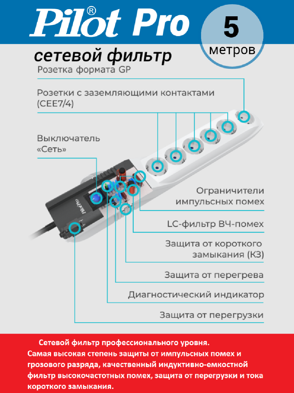 Сетевой фильтр Pilot Pro 5 метров, 6 розеток (5 евро + 1 GP ), защитные шторки, белый (178)