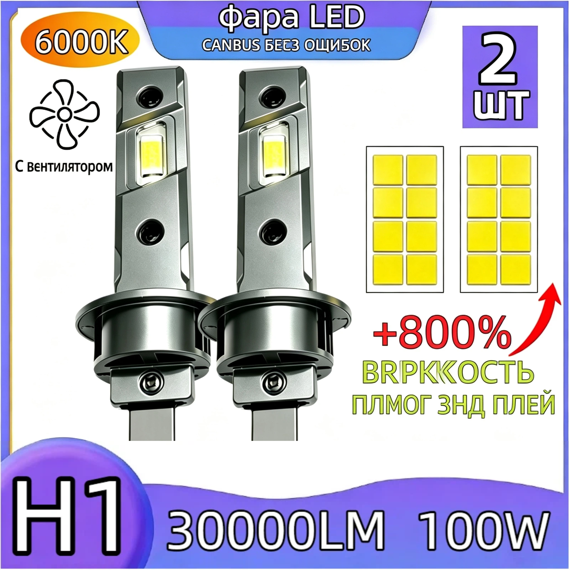 Фара автомобильная, H1, светодиодный, 28750LM, 100W, с вентилятором, белый свет