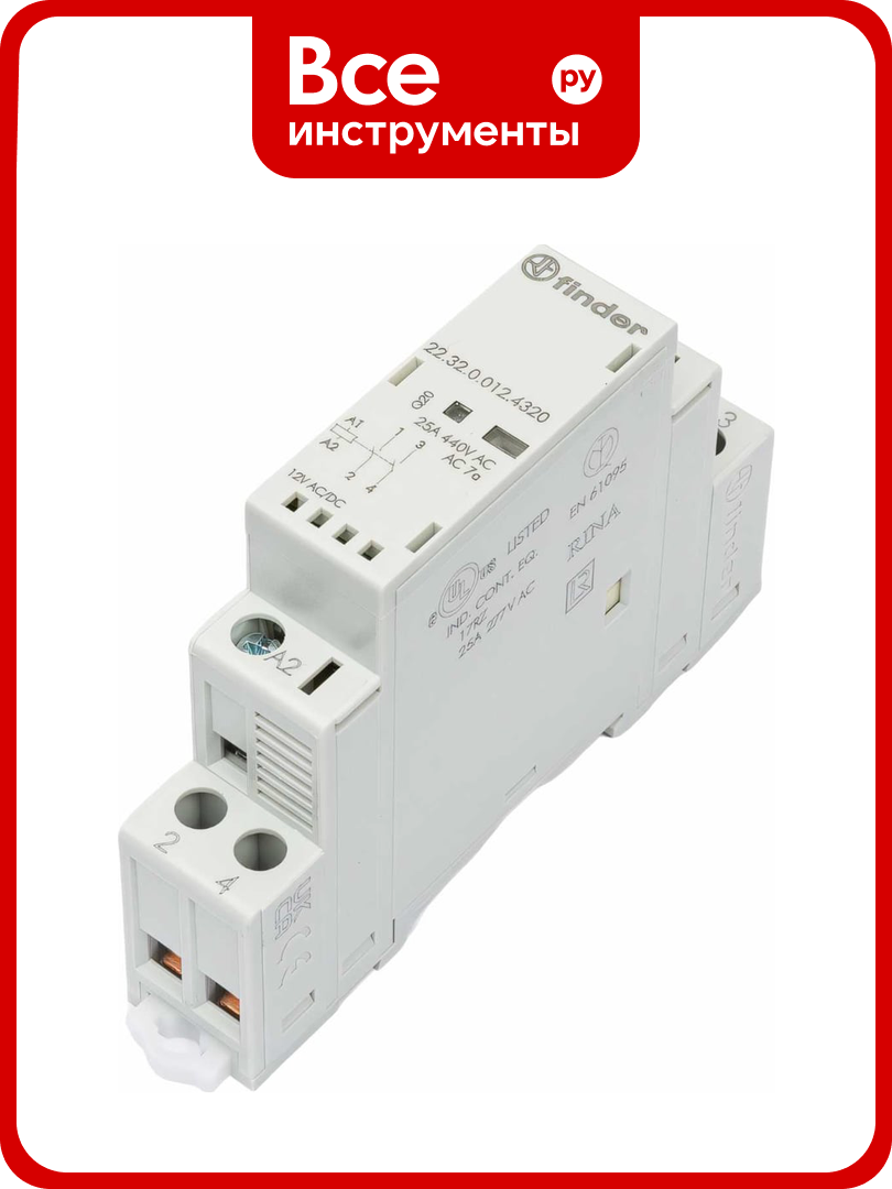 Модульный контактор Finder 2НО, контакта 25А, = 12В AC/DC, - AgSnO2, Зазор контактов ≥ 3 мм, двойное размыкание