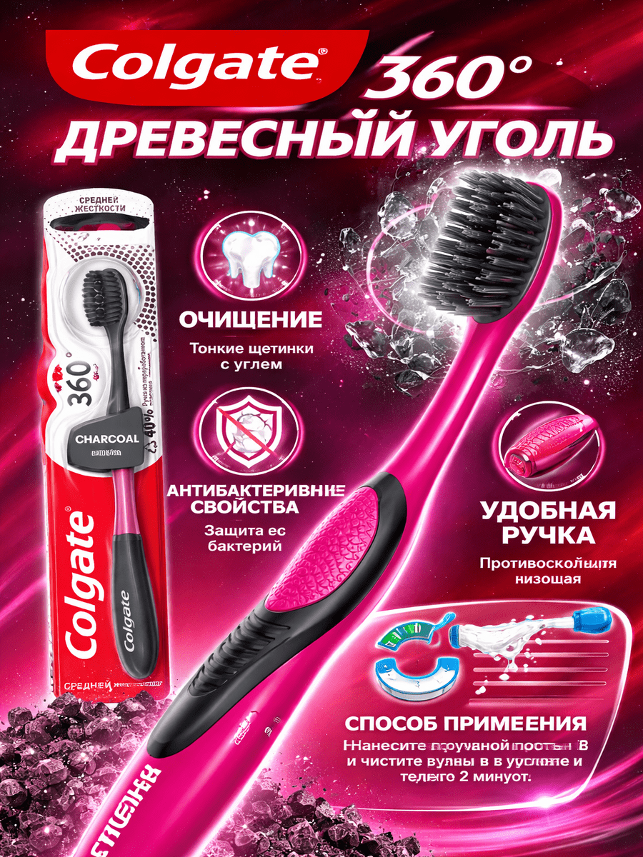 Зубная щетка Colgate 360 Древесный уголь многофункциональная средней жесткости, фуксия