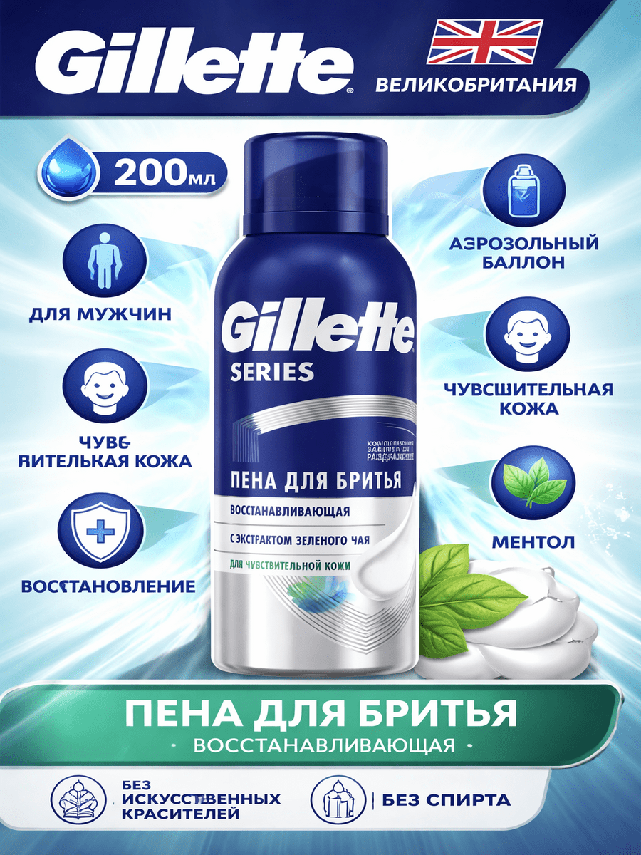 Пена для бритья Gillette восстанавливающая для чувствительной кожи, 200мл