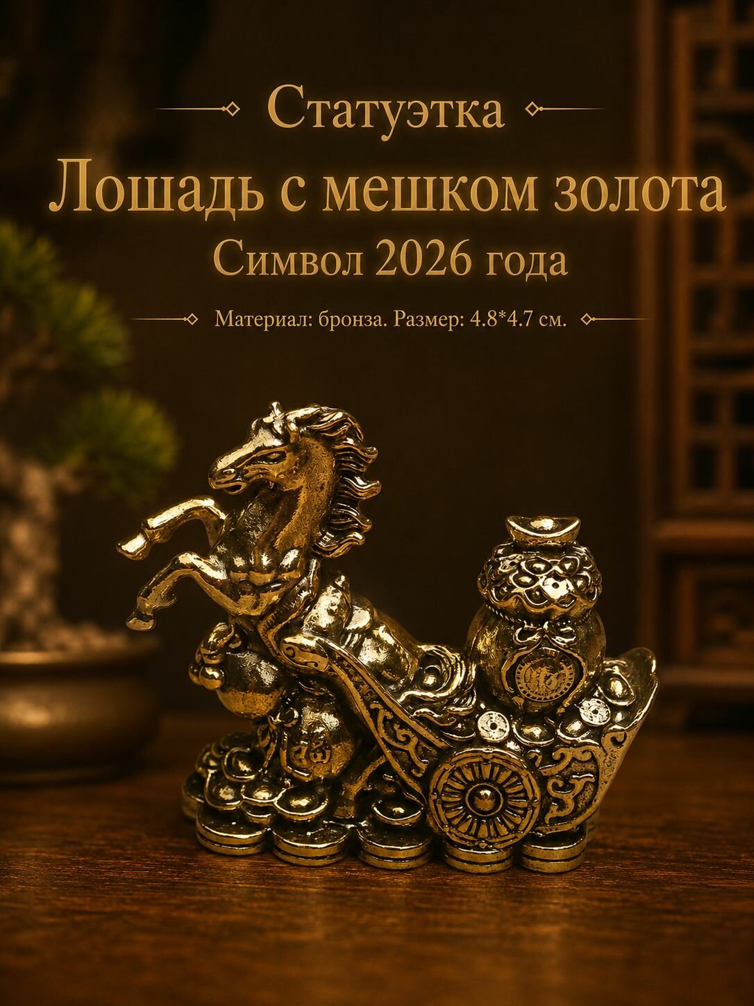 Статуэтка "Лошадь с мешком золота" Фен-Шуй, бронза (4.7*4.8 см.)