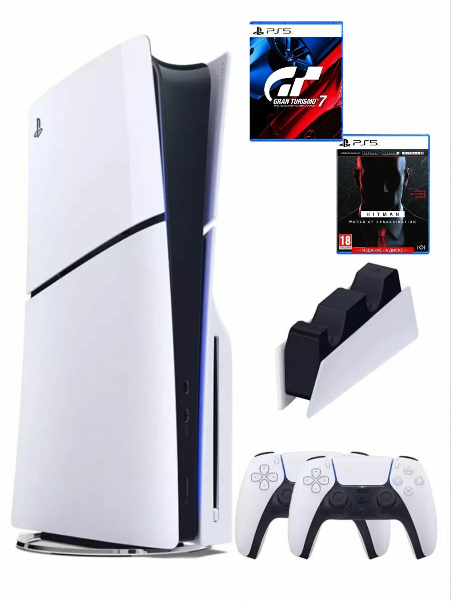 PS5 (ПС5) Игровая приставка Sony PlayStation 5 Slim disk + 2-й геймпад(белый) + зарядное + 2 игры Gran Turismo+ ,1000Gb