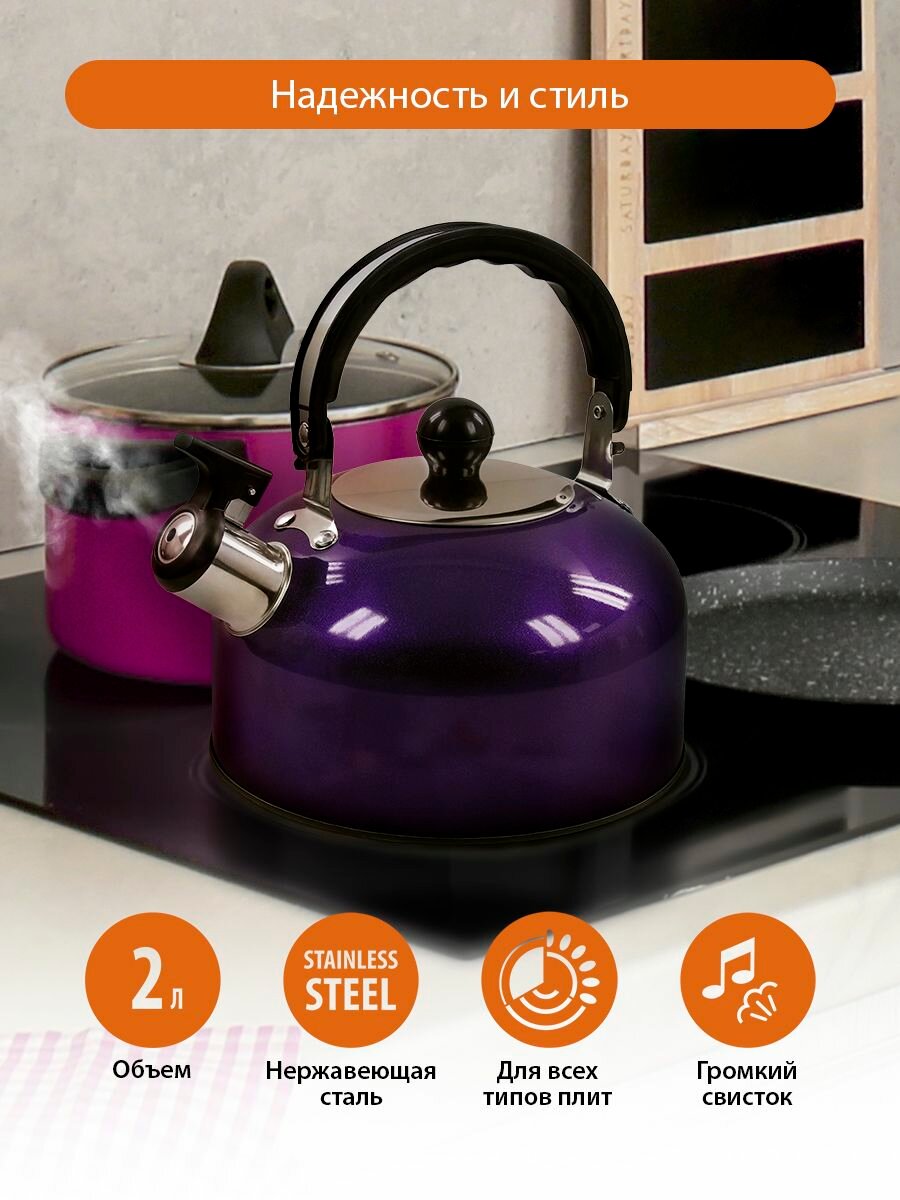 Чайник со свистком HOME ELEMENT NEW 2 л, фиолетовый чароит