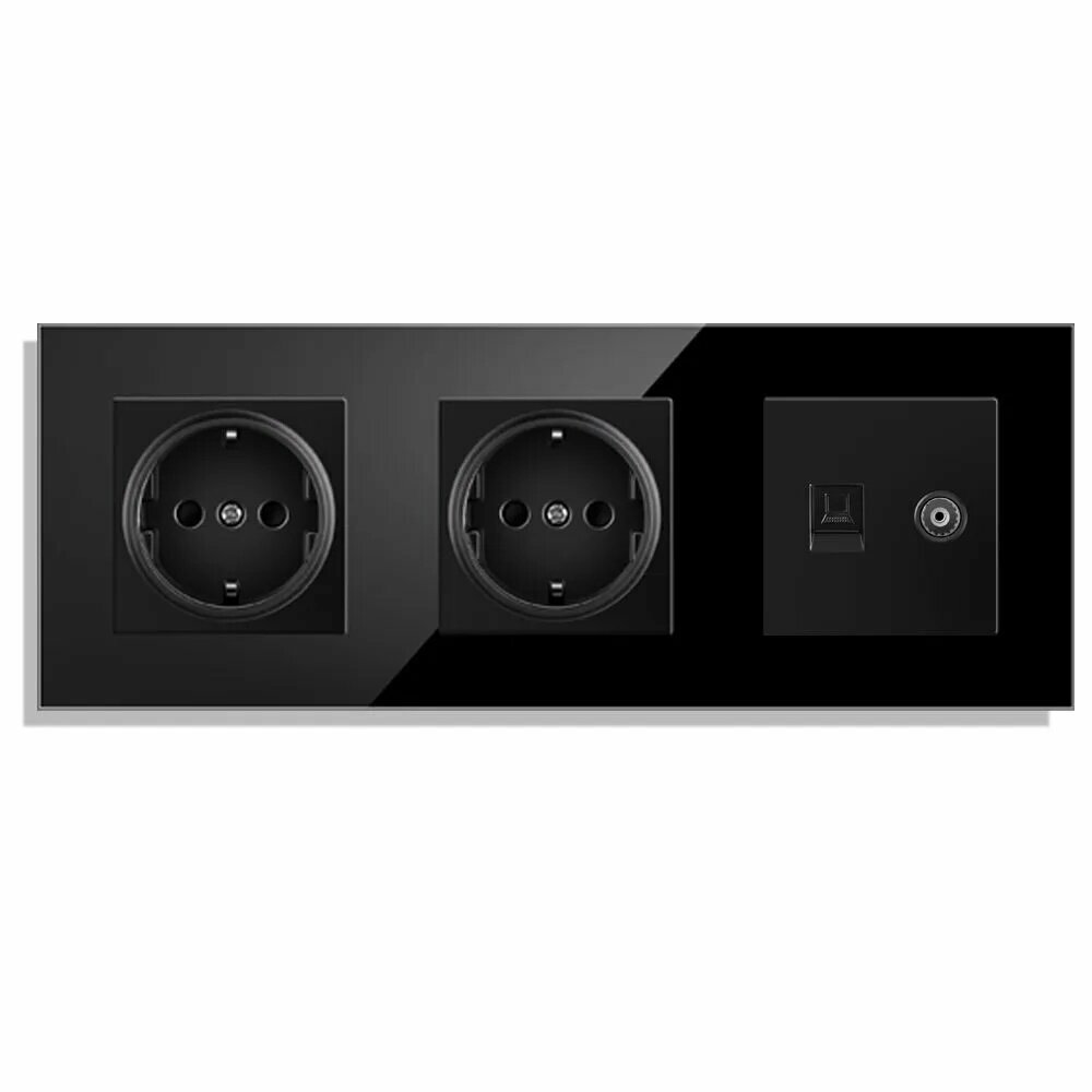 Розетка 3 поста с интернет/тв, CAT5e/TV, рамка 228х86мм стекло, цвет черный