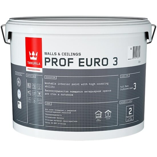 Краска интерьерная Tikkivala Prof Euro 3 (Проф Евро 3), 9 л, белая, база А