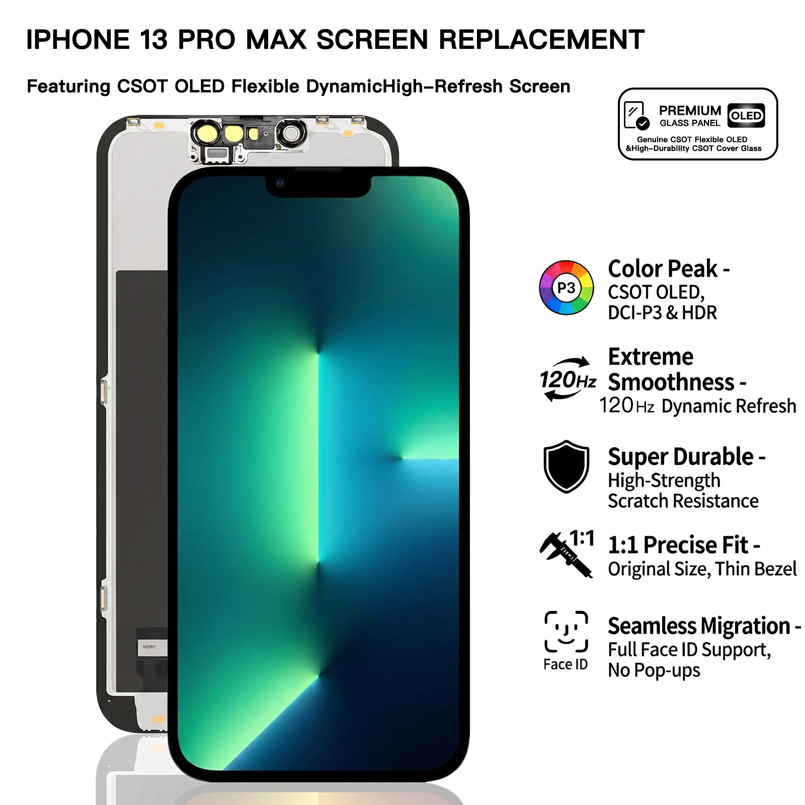 Гибкий OLED-экран-замена для iPhone 13 Promax: 120 Гц, рамки 0.9 мм, высший китайский класс