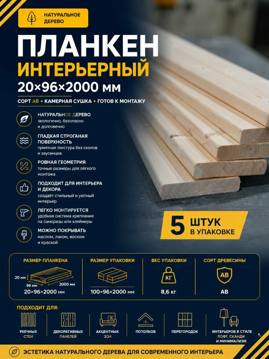Планкен интерьерный, сорт АВ, 20х96х2000, 5шт, хвойных пород