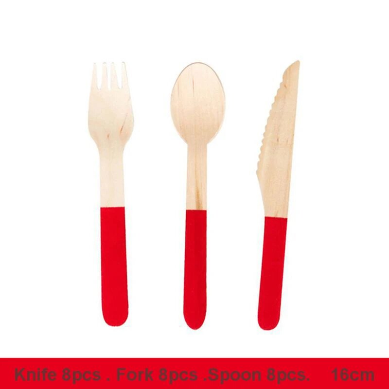 Одноразовая деревянная посуда на 24 персоны Красный, red