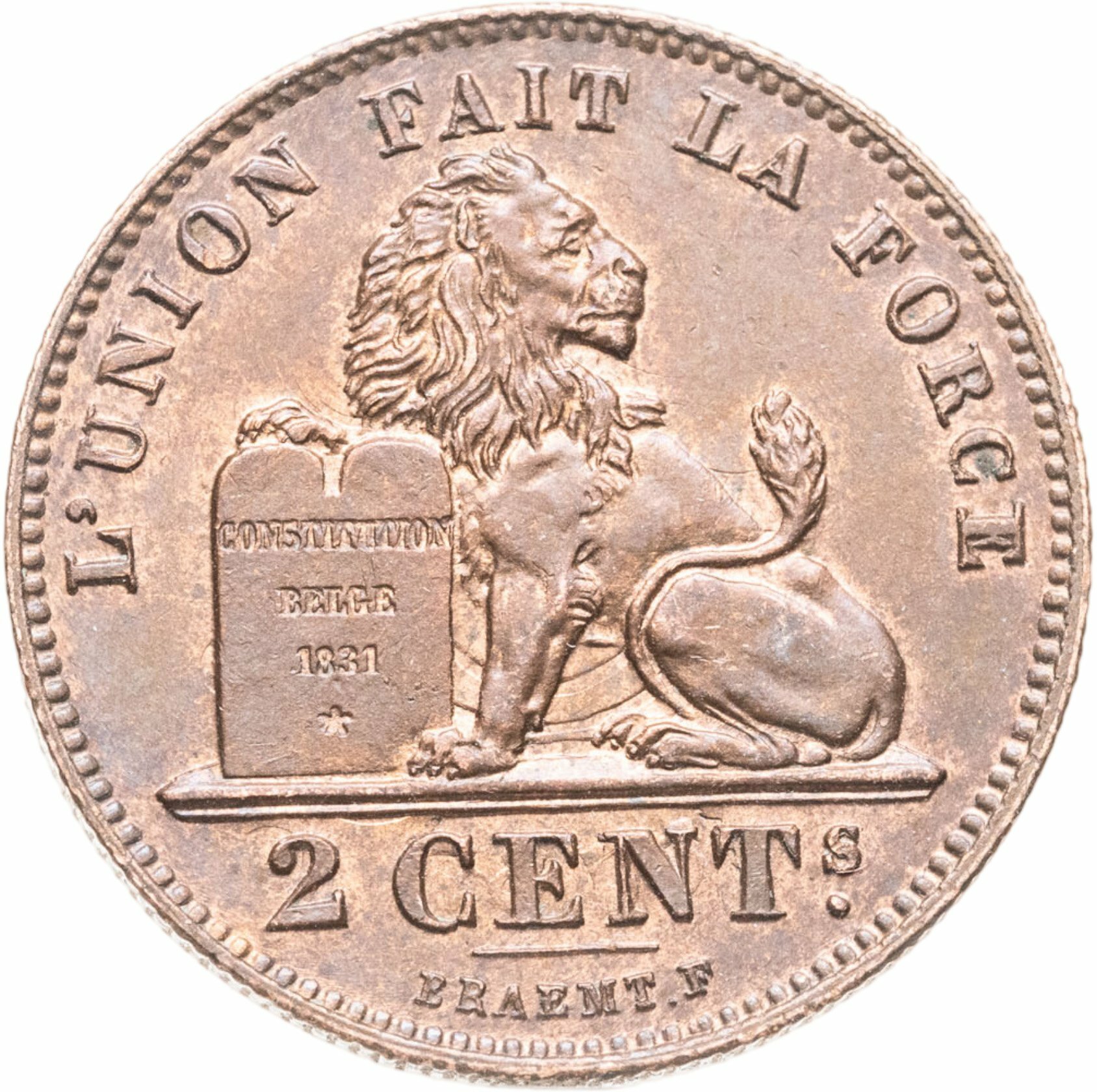 Бельгия 2 сантима centimes 1902 Надпись на французском - 'DES BELGES', Медь, в сохранности AU