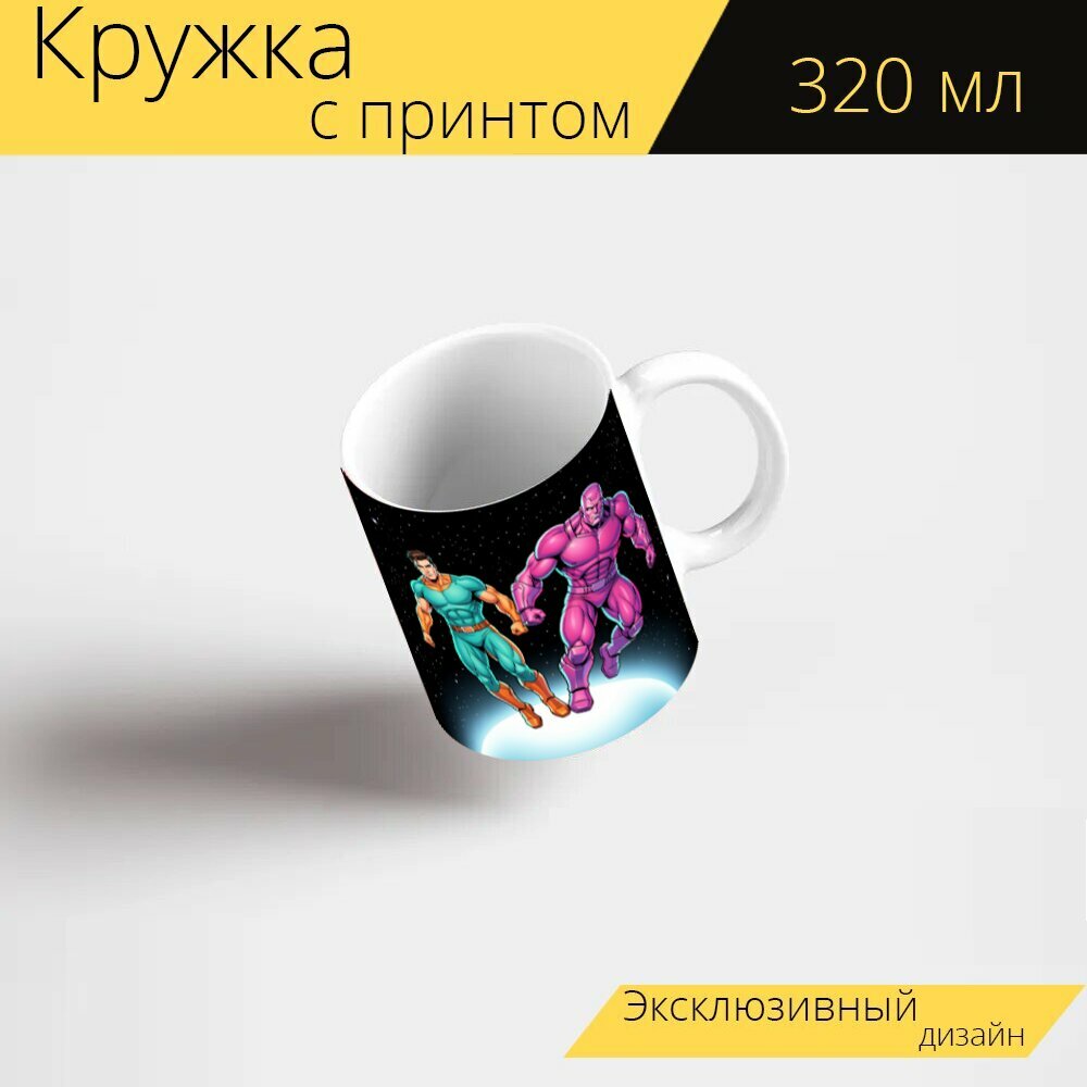 Кружка с рисунком, принтом "Два супергероя в космосе. Динамичная неоновая иллюстрация с двумя мощными персонажами в полёте над светящейся планетой, звёздный фон, яркие." 320 мл.